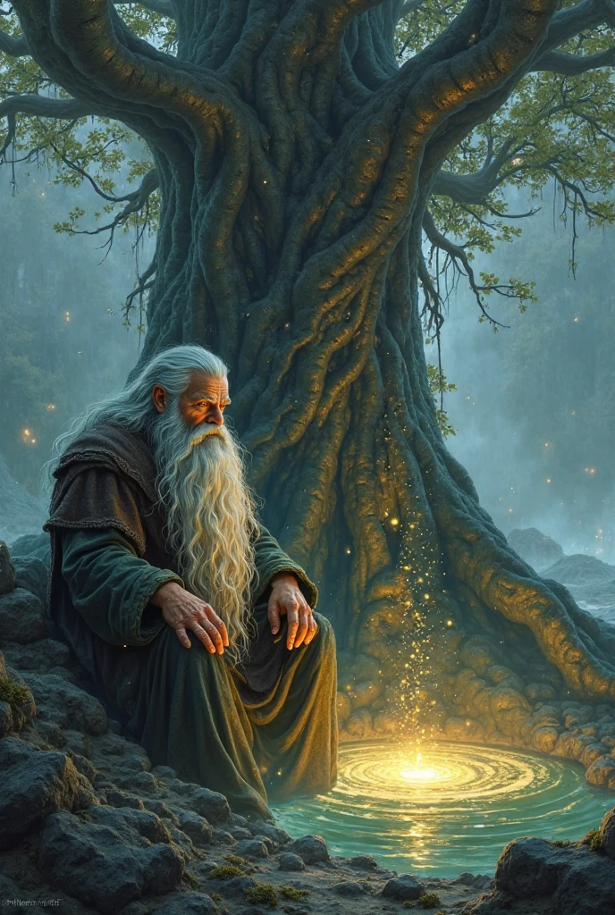Mimir, the wise giant from Norse mythology, sits beside an ancient ...
