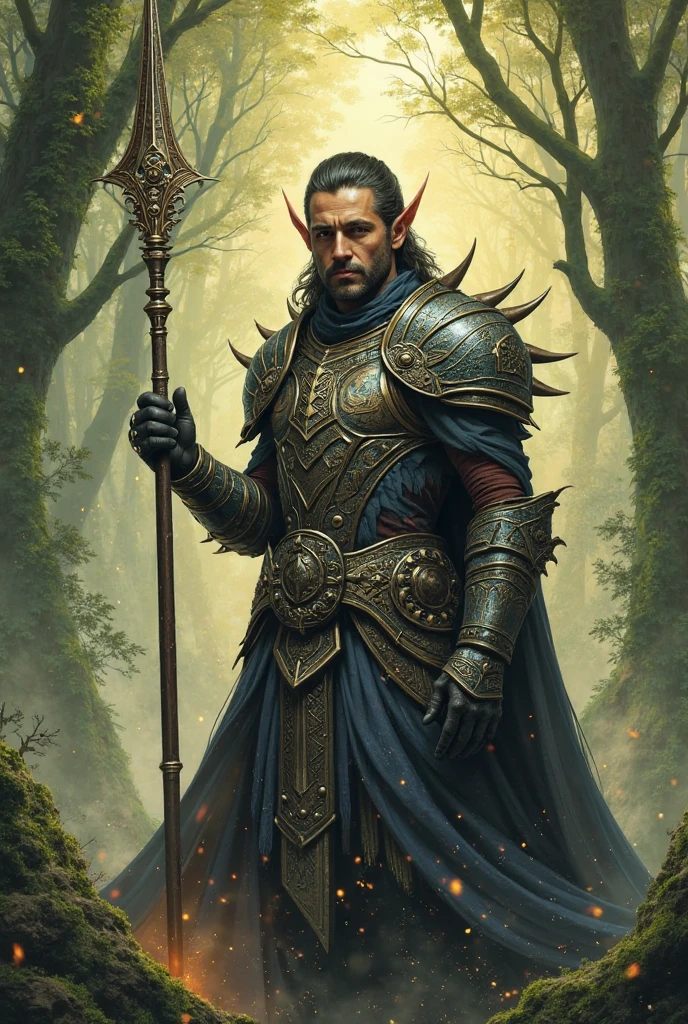 Man, elf , dressed in exquisite armor and armed with an exquisite spear ...