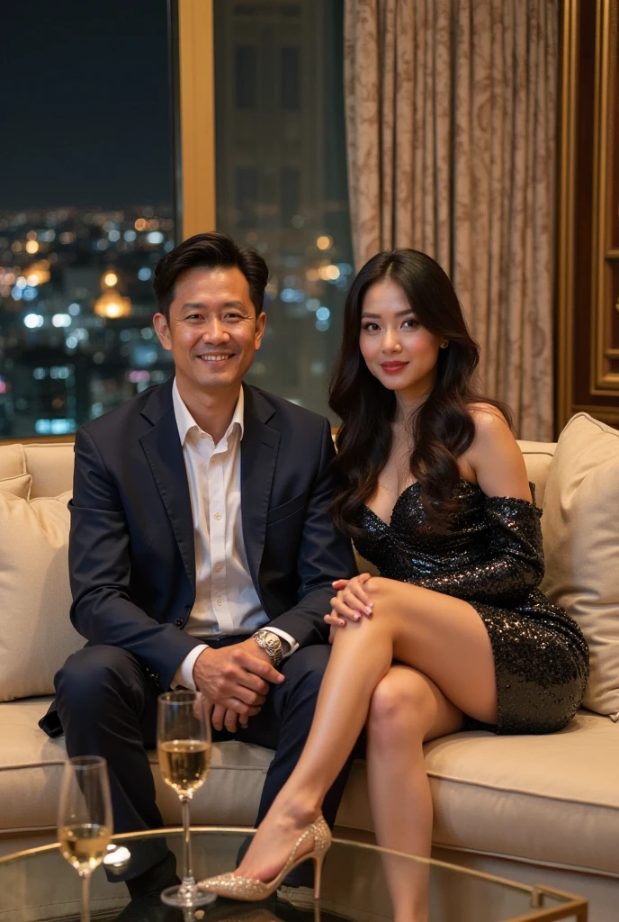 A refined Korean man in his late 40s sits comfortably in a luxurious ...
