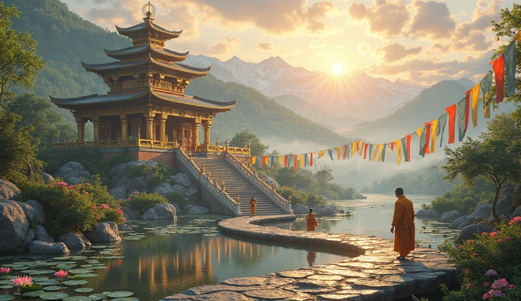 "Create a breathtakingly serene and sacred Buddhist sanctuary nestled ...