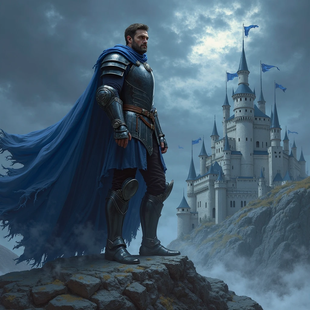 A knight in black armor and blue cape, standing resting his right foot ...