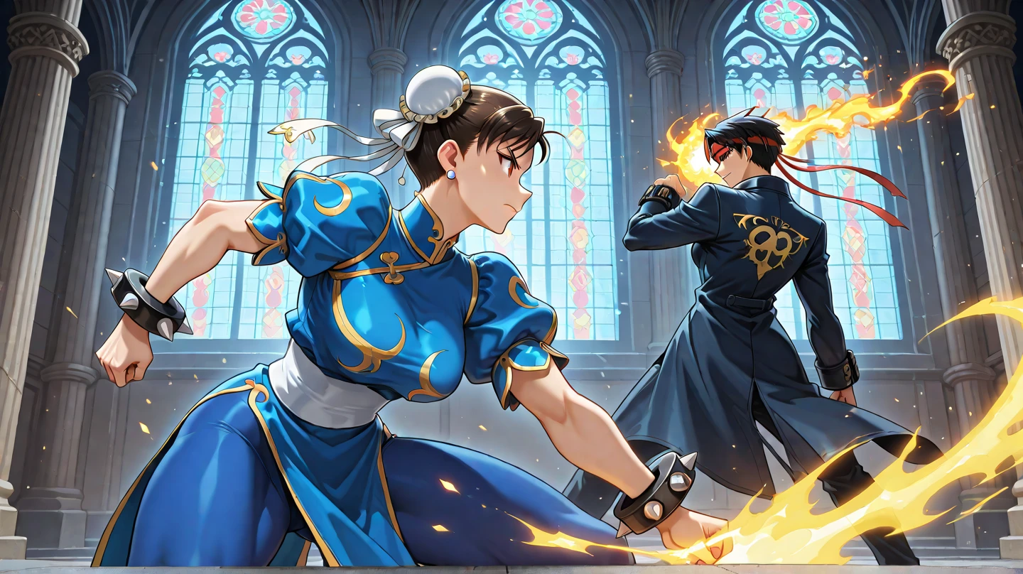 Chun-Li and Kyo Kusanagi locked in an intense anime-style battle inside ...