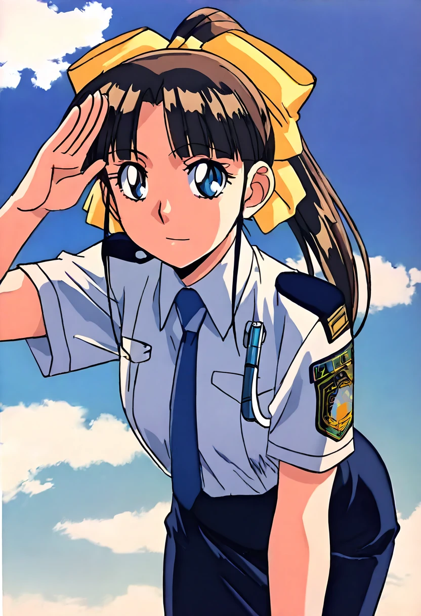 Good quality, 1girl, solo, big yellow ribbon, ponytail, police - SeaArt AI