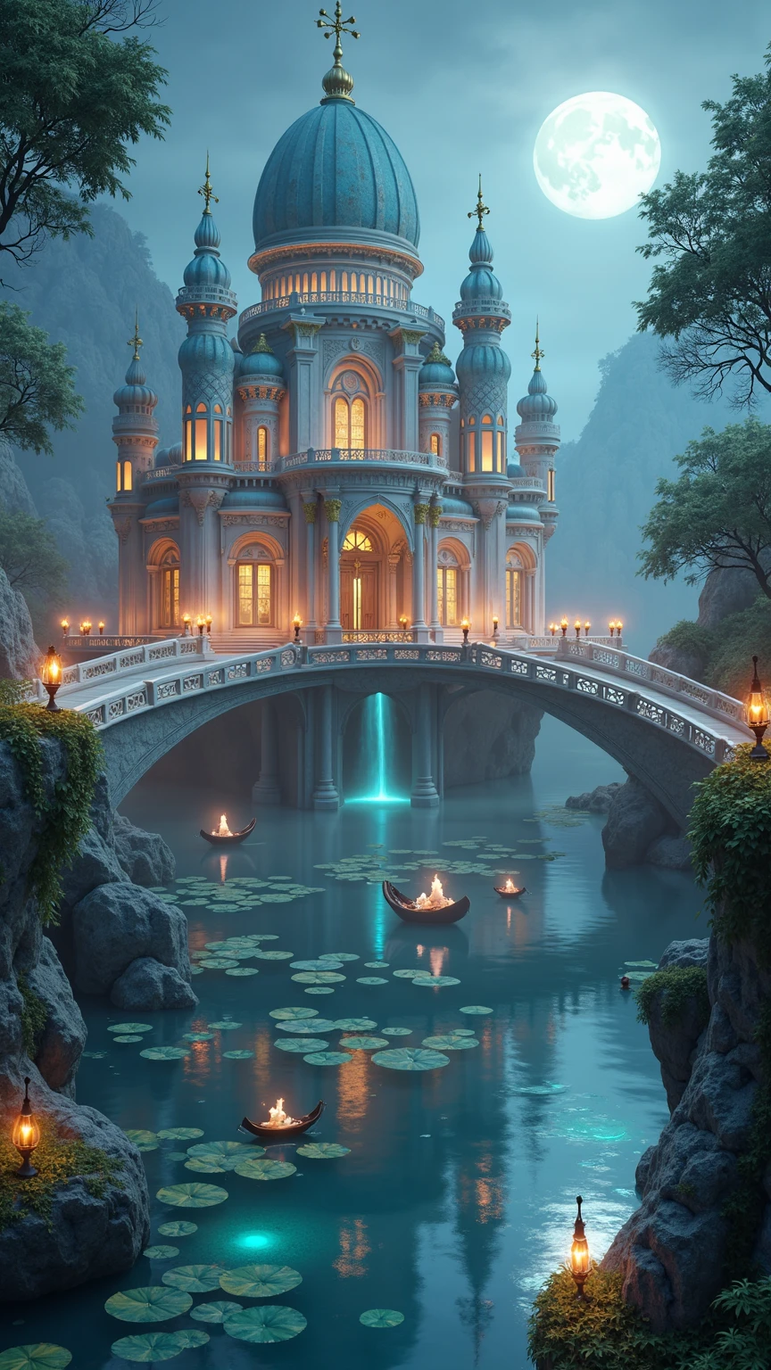 An ethereal moonlit crystalline palace floating above a mirror - SeaArt AI