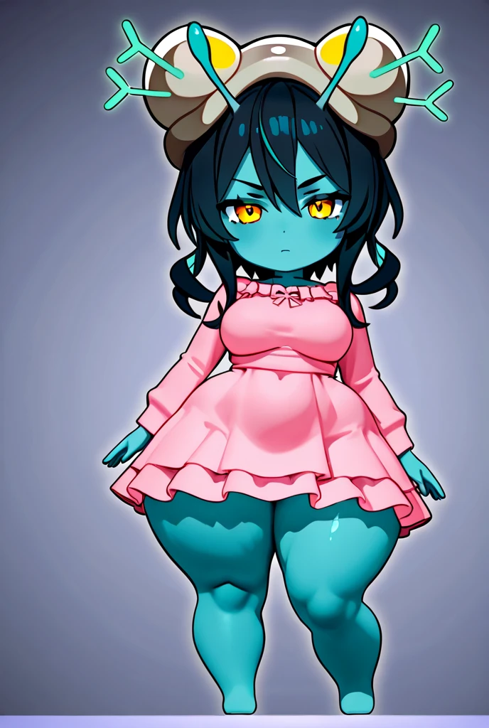 Humanoid 3d anime snail girl. long wavy black hair, serious yellow eyes ...