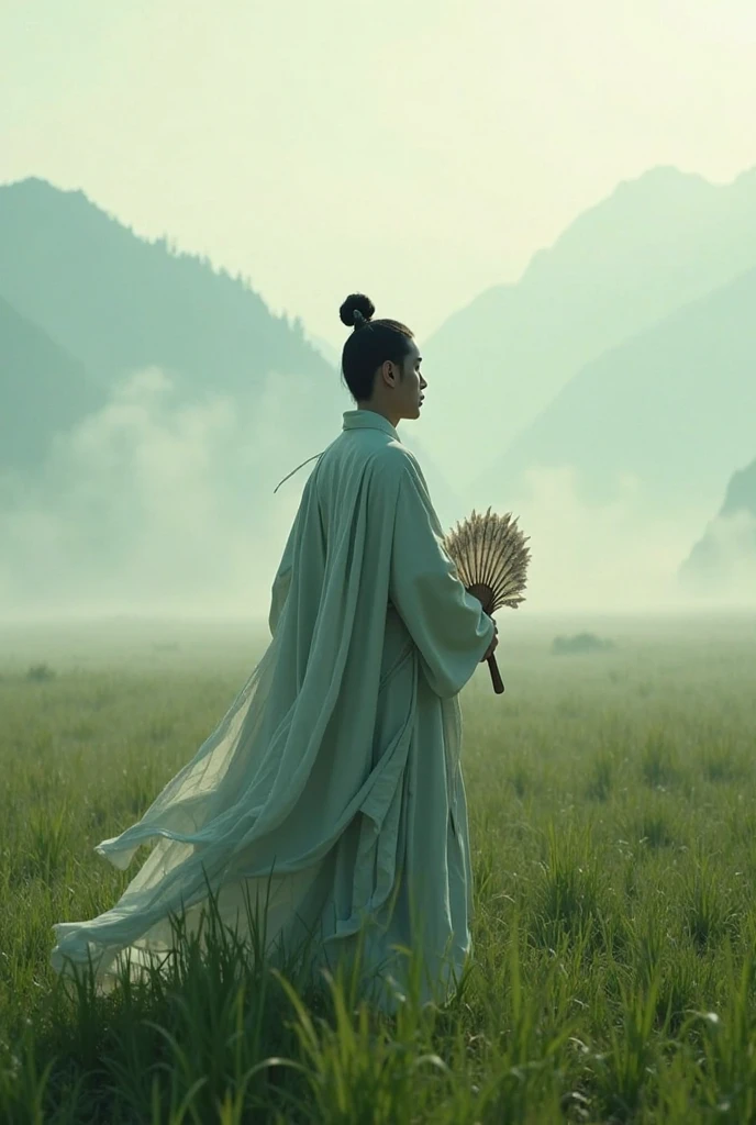 "Zhuge Liang facing forward, half-body portrait in a wide open green ...