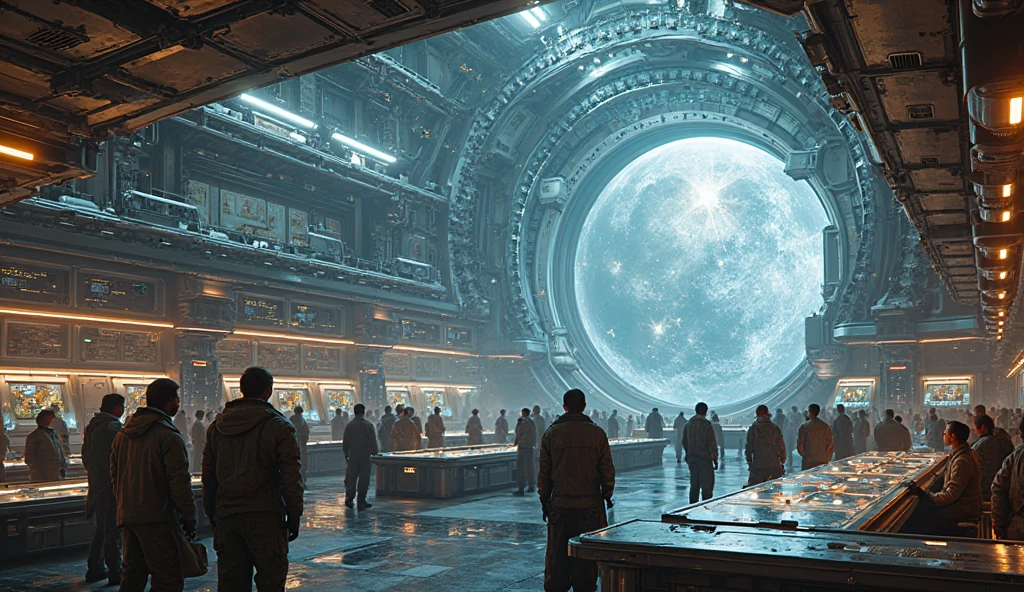 Side view of the interior of a spaceship with gigantic futuristic space ...