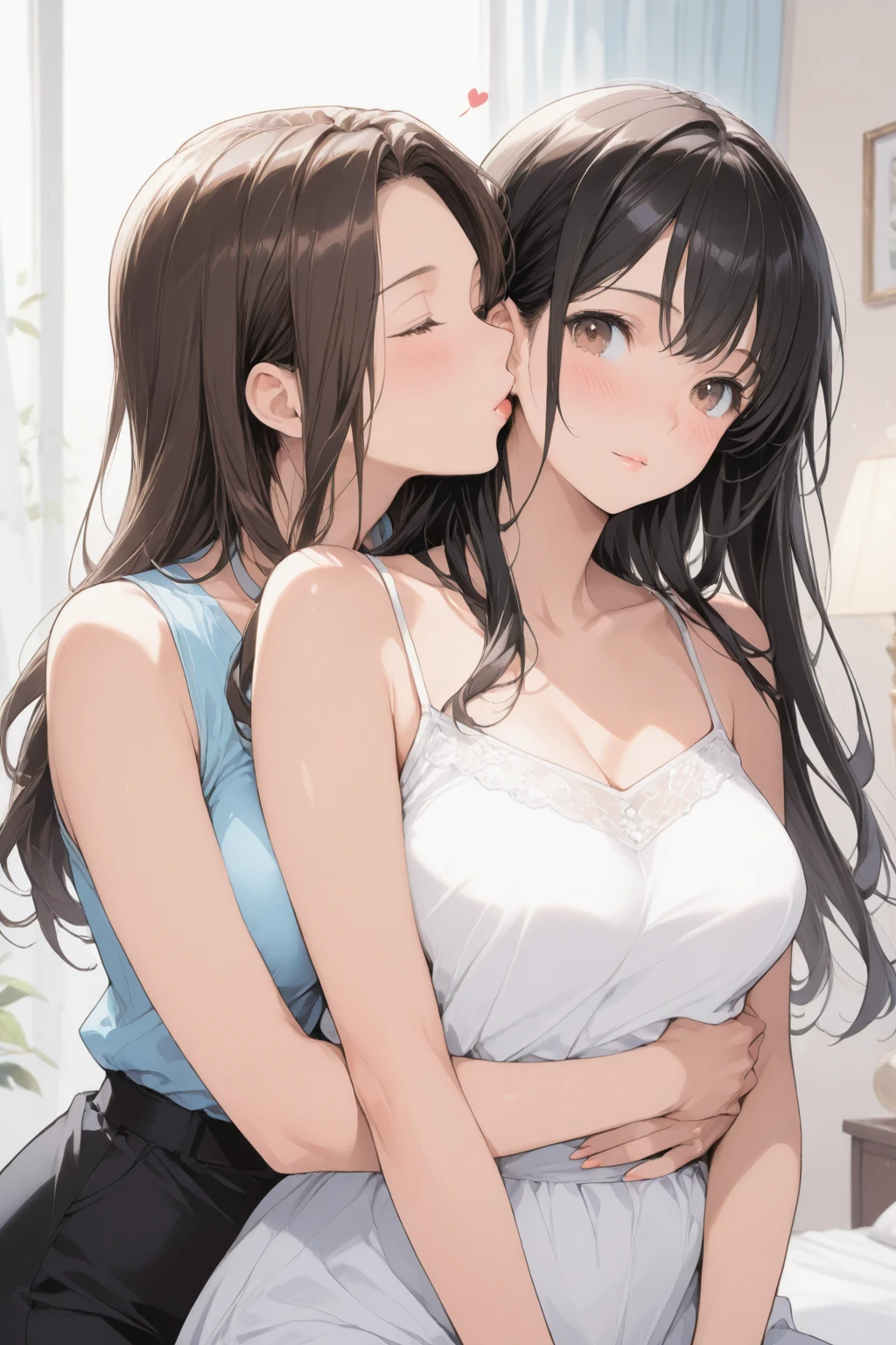 2girl, 20yo, Lesbian couple, Hugs from behind, kisses, - SeaArt AI