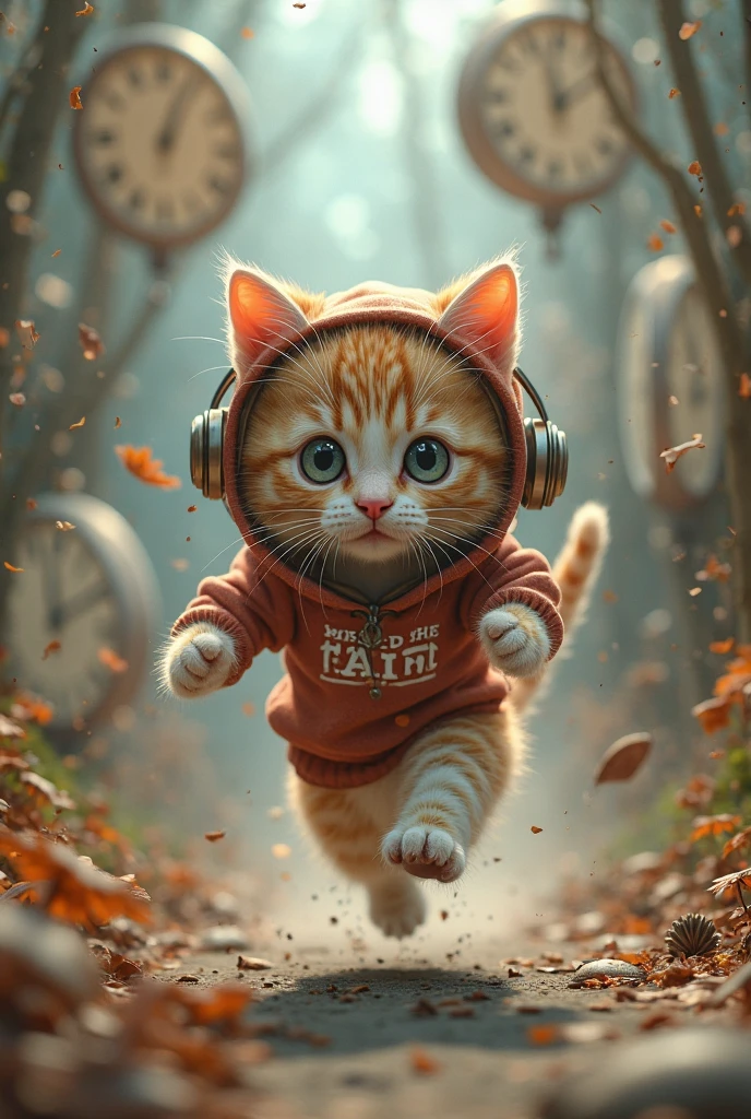 A kitten in a “missed the train” hoodie running with a bent clock hood ...