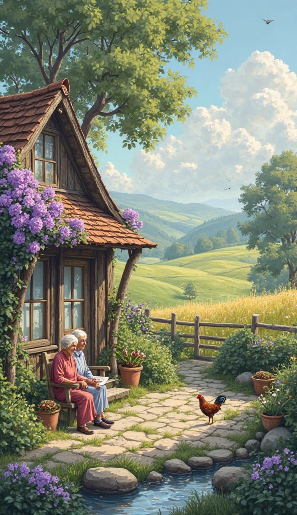 "Illustration: A quiet countryside scene with an elderly couple sitting ...