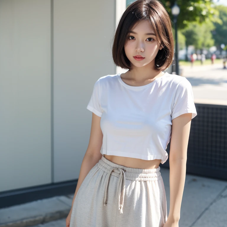 Female in her 20s、Around town、white t-shirt、slightly above、Up to around ...