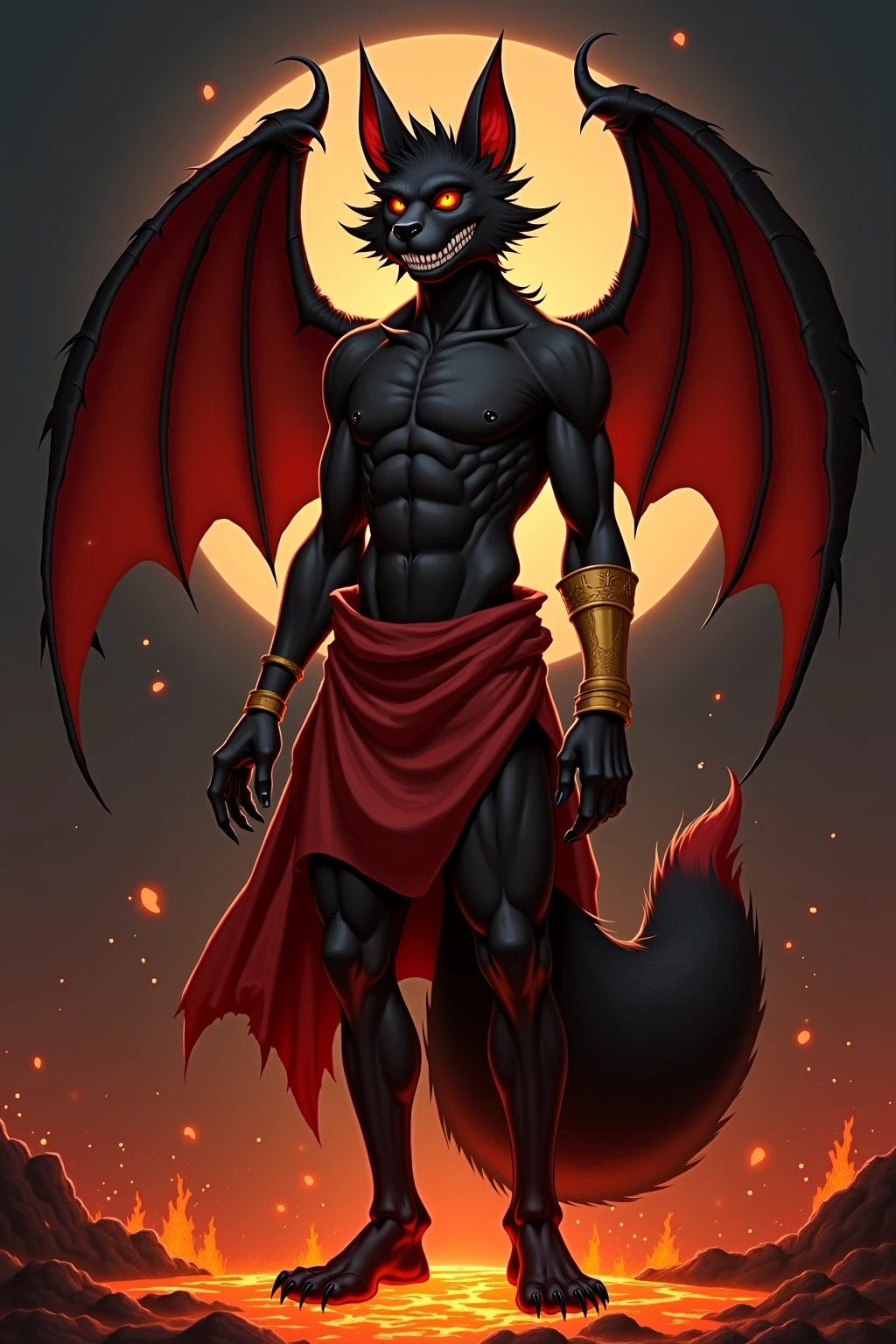 (full-length picture)，(((alone)))，(((anthro fox demon)))，(((black fur ...