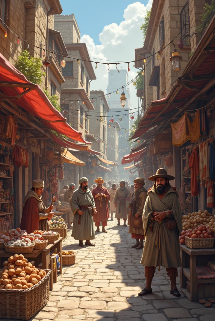 The Bartering System A historic marketplace with people trading goods ...