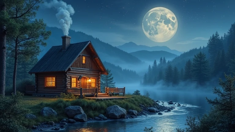 A serene night landscape featuring a quaint wooden cabin with smoke ...