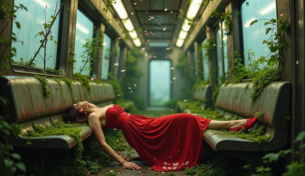 Inside a deserted subway car overtaken by wildflowers and moss - SeaArt AI