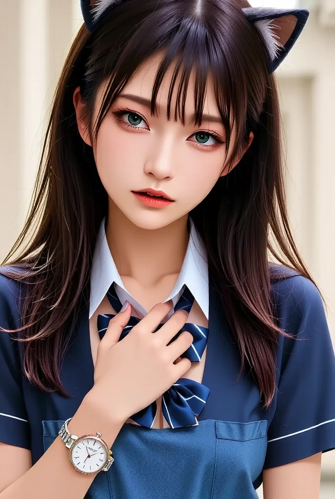 Short-sleeved model Japanese woman wearing school uniform cat ears and landmine - SeaArt AI