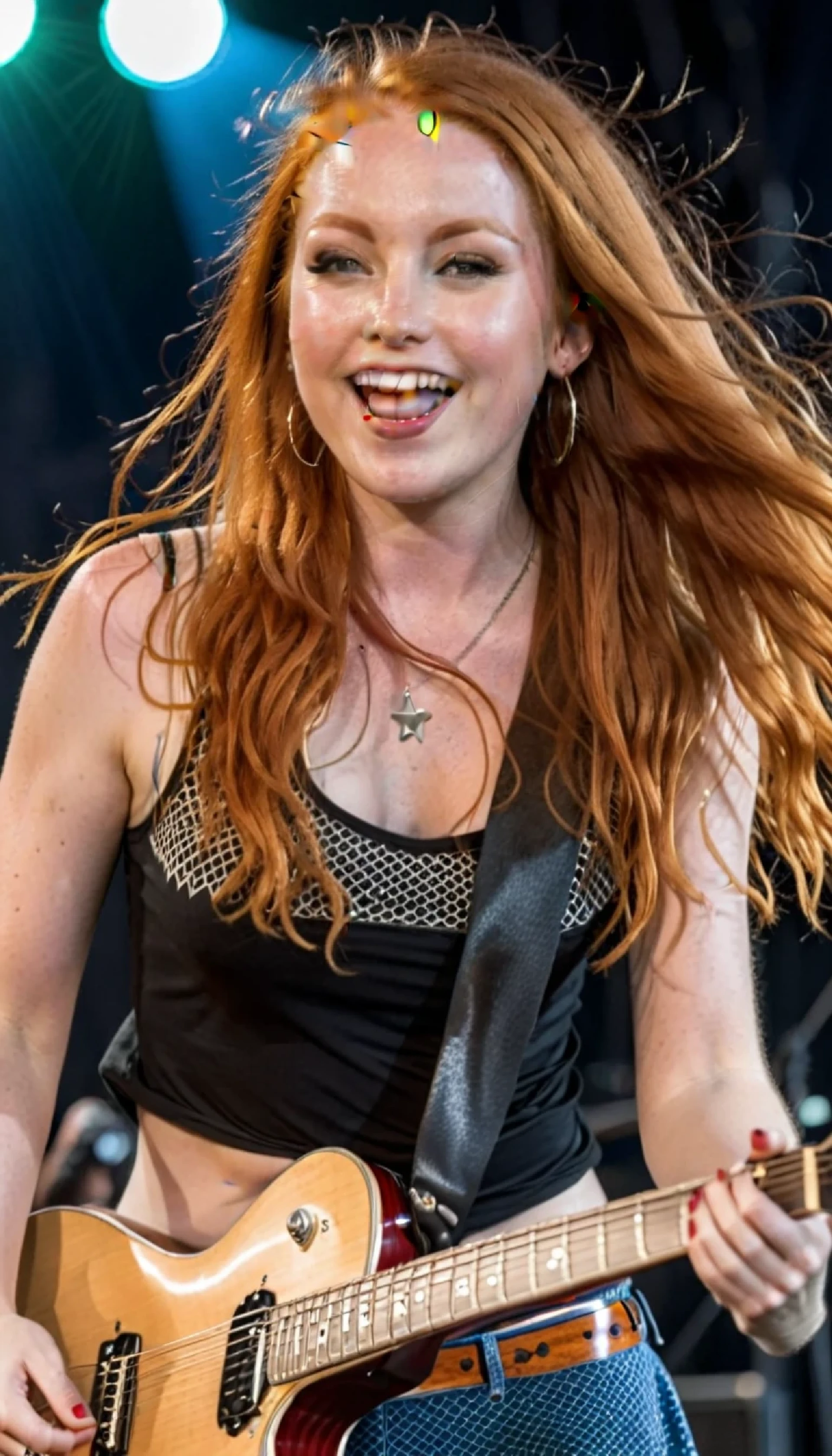 redhead with long hair, dark eyes, white skin, playing guitar - SeaArt AI