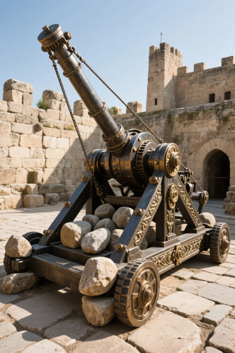 A sturdy and luxurious huge catapult set with stones, front view - SeaArt AI
