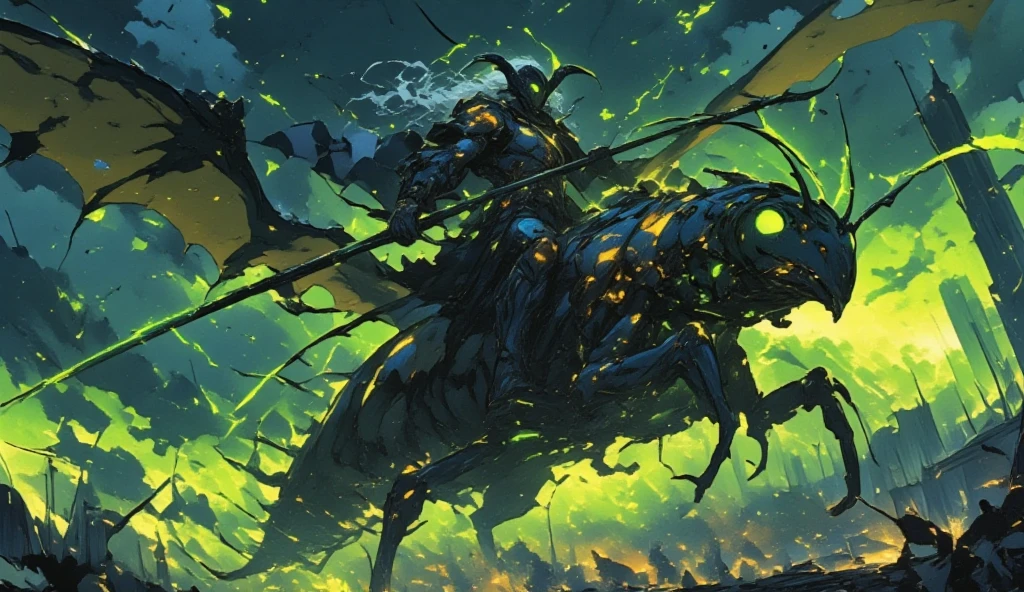 A dark fantasy warrior riding a menacing, dragon-like creature through ...