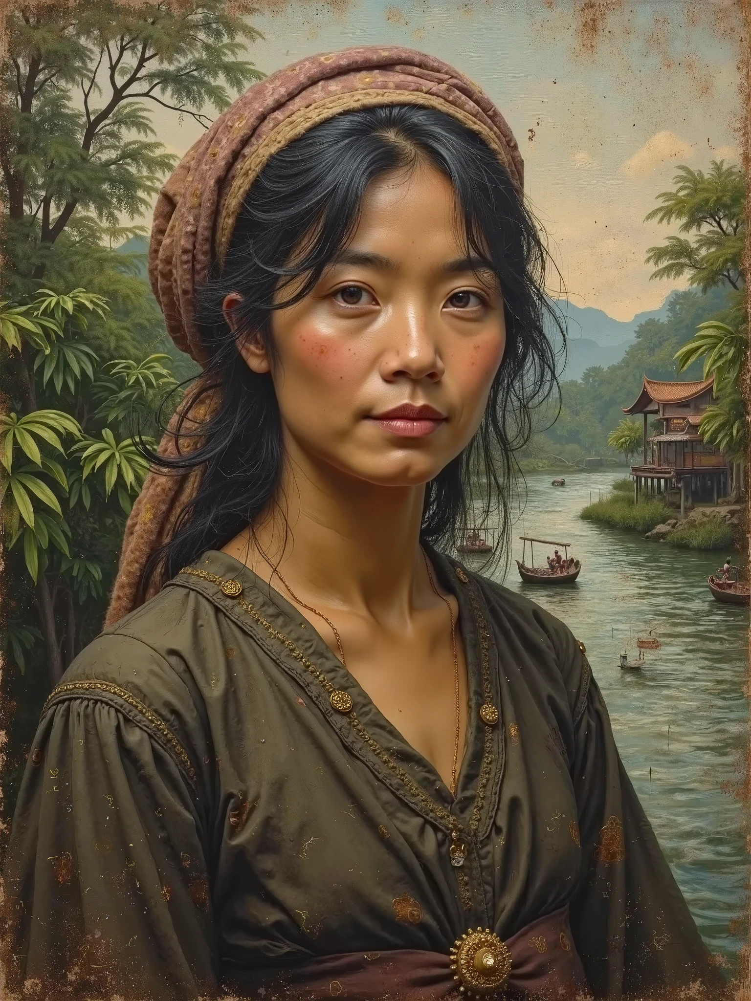 19th century renaissance oil portrait of a peasant woman in the Mekong ...