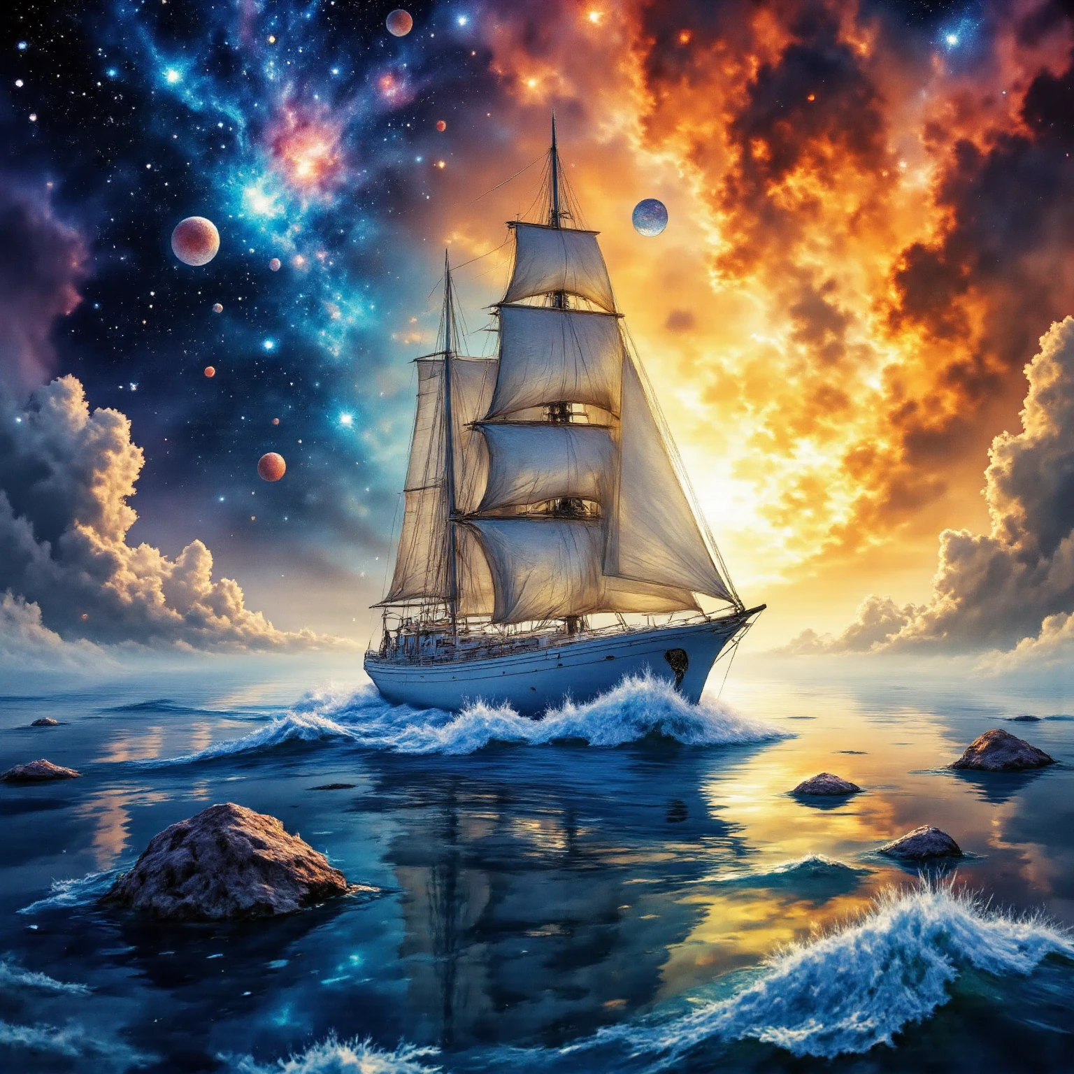 A huge saiiship swims through the vastness of space、infinitely dreamy ...