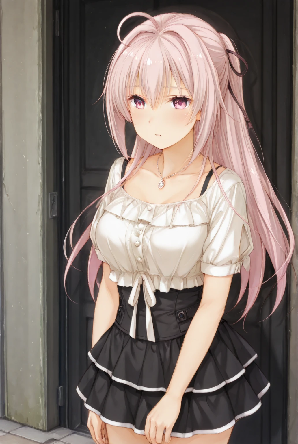 TougasakiYuno, pink eyes, long hair, pink hair, half-updo, ahoge ...