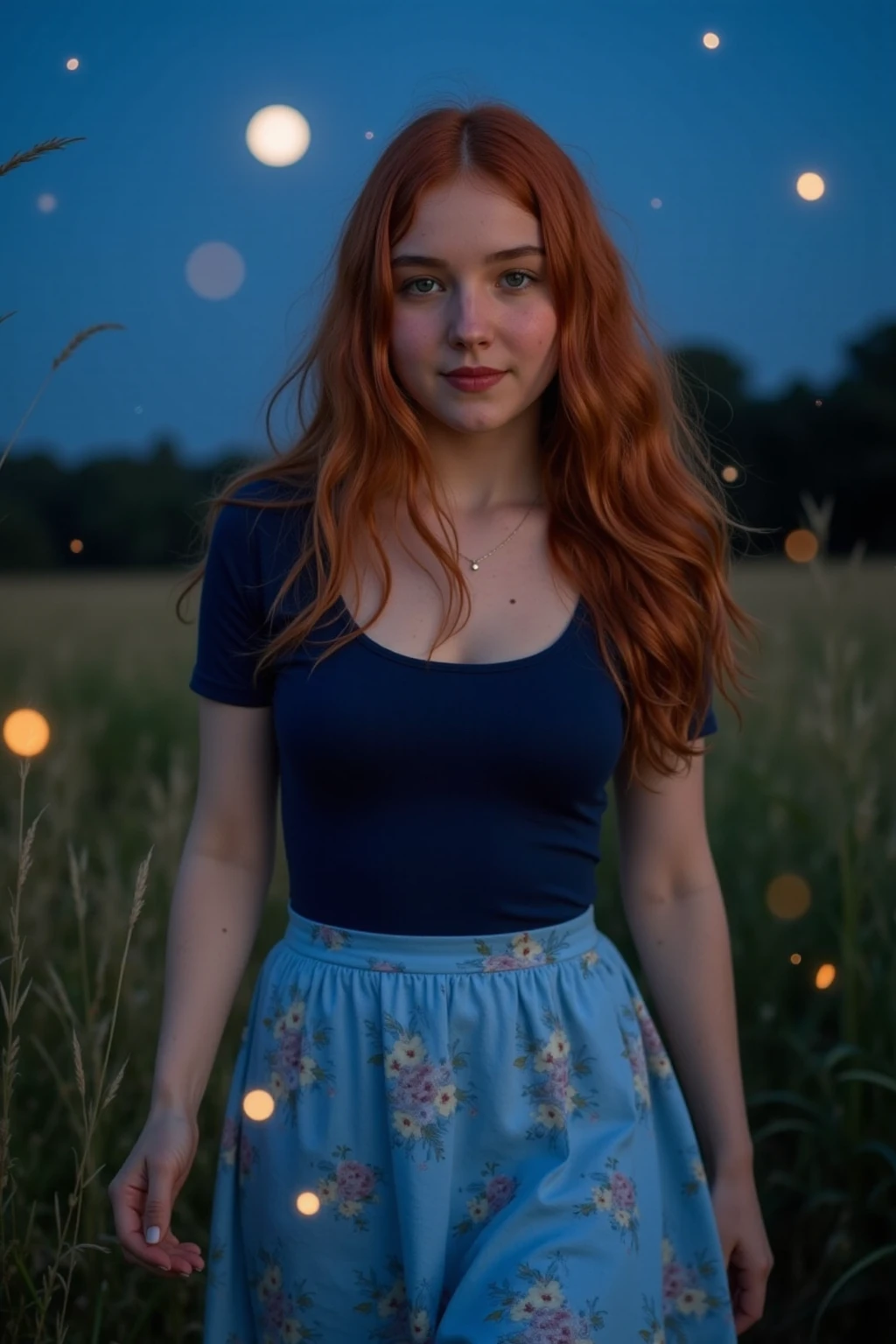 A young woman with long wavy red hair and striking blue eyes strolls ...