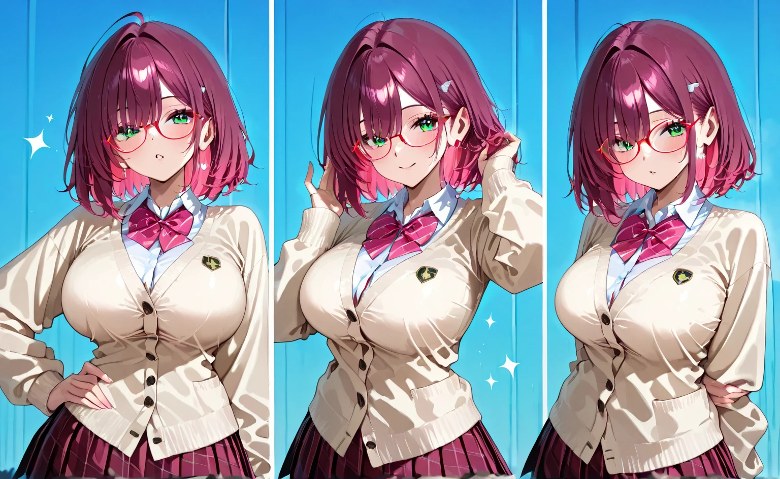 Aya,1girl、dark pink hair、light green eyes、red-rimmed glasses - SeaArt AI