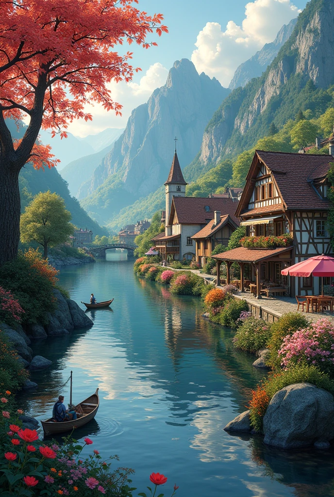 Small village by the river, mountains behind, colorful flowers - SeaArt AI