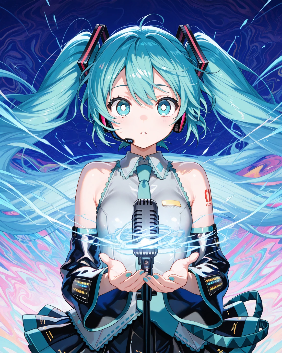 1girl, hatsune miku, white pupils, power elements, microphone - SeaArt AI