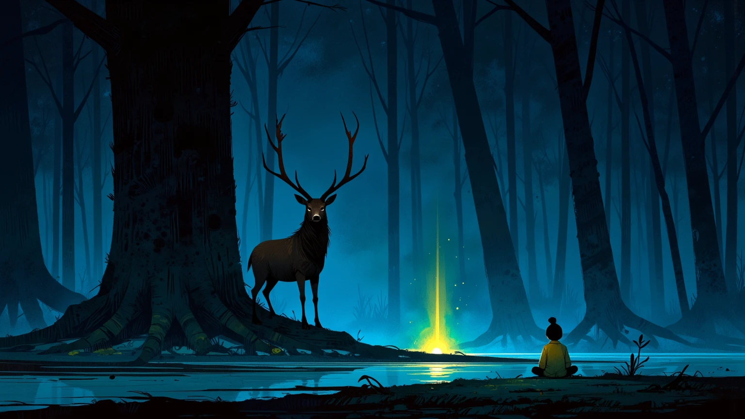 A fascinating scene unfolds in the mysterious night forest,The ...