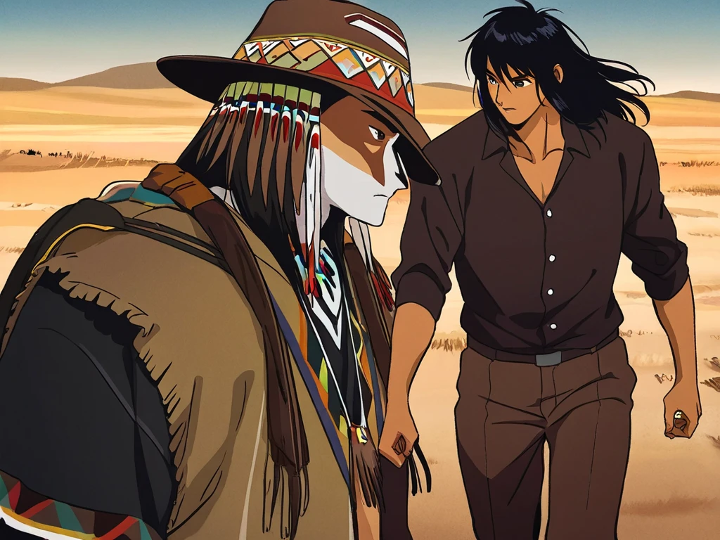 A Cheyenne Tribesman wearing a button shirt and slacks, walking through ...