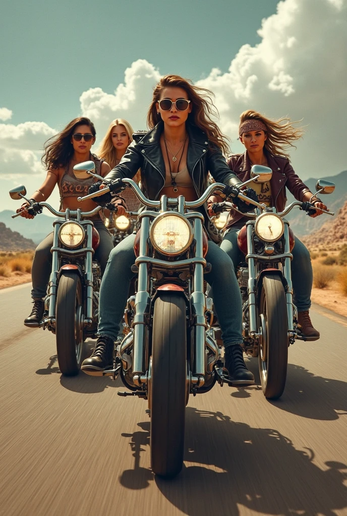 5 women sitting on their chopper bikes - SeaArt AI