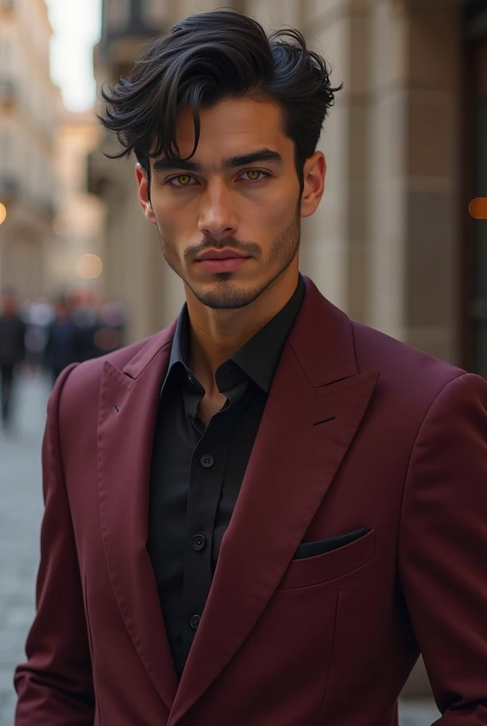 A 23-year-old man of Italian descent fair skin yellow eyes messy black ...