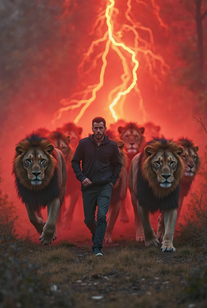Create a picture for 9 lions running behind a man and the power of 9 ...