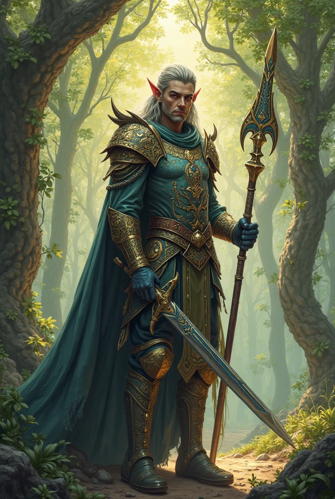 Man, elf , dressed in exquisite armor and armed with an exquisite spear ...