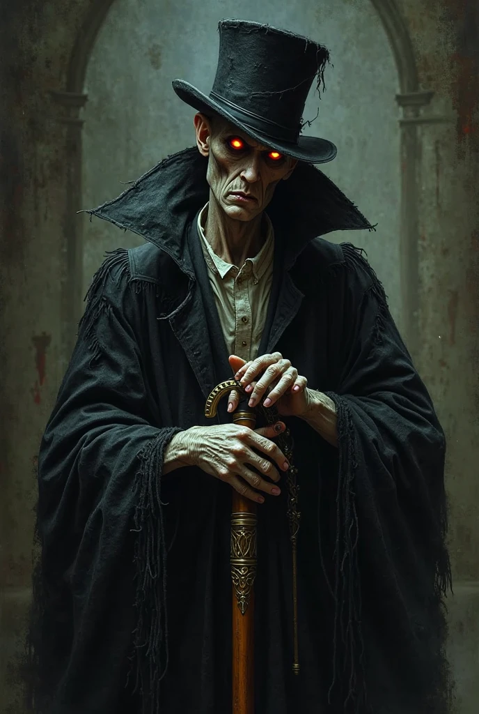 Bloody and thin bald vampire ,with a top hat and cane - SeaArt AI