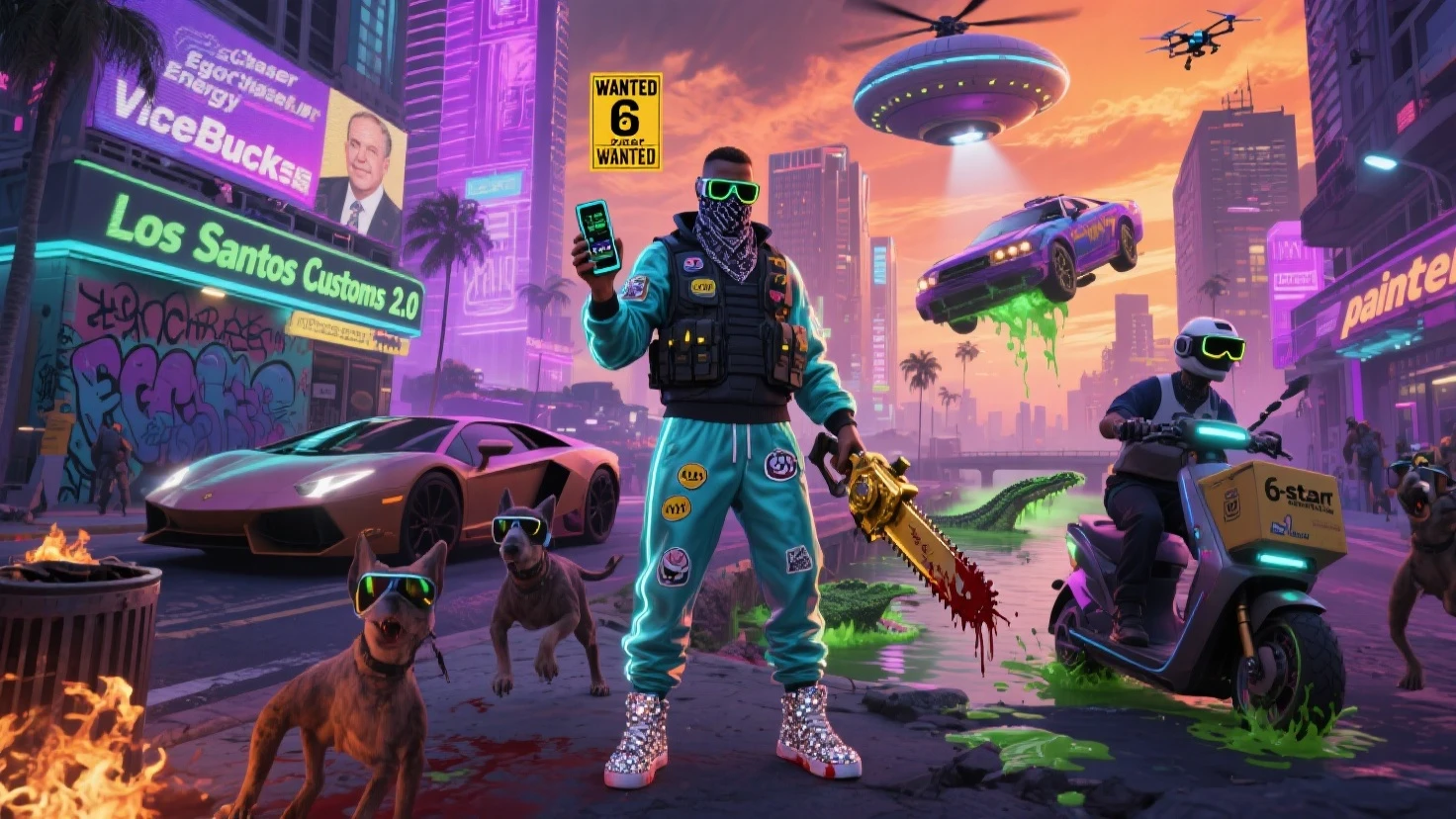 Scene: A hyper-stylized, neon-soaked metropolis blending Miami - SeaArt AI