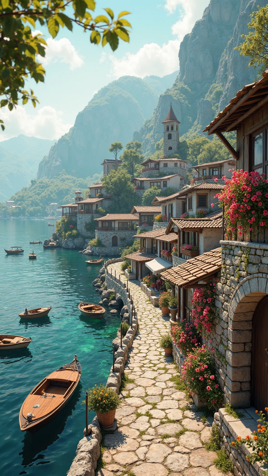 An idyllic coastal hillside village scene featuring weathered wooden ...