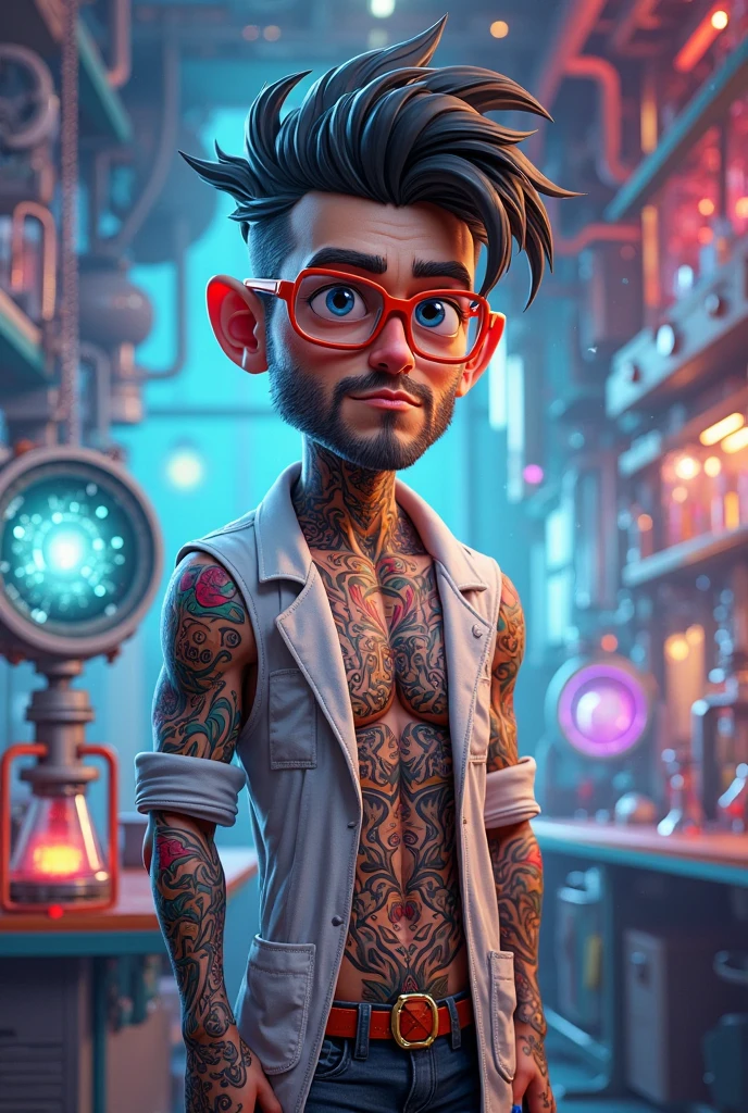 Create me a fully tattooed scientist in a 3D cartoon - SeaArt AI