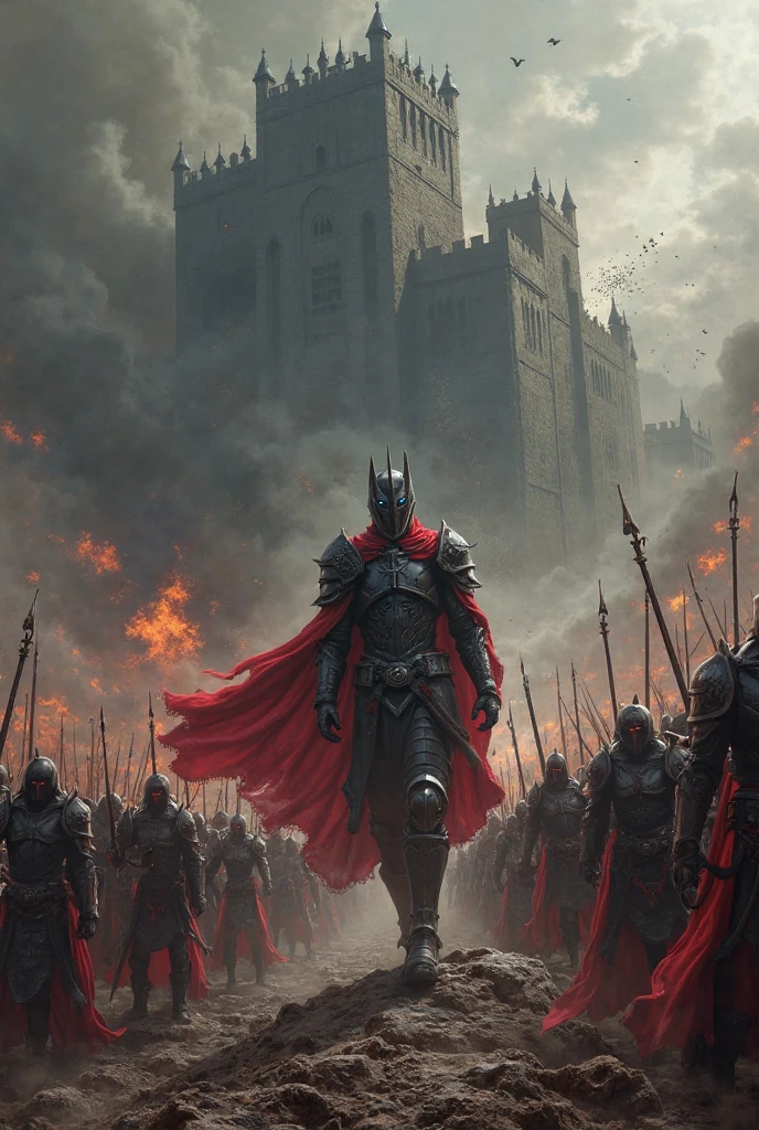 The evil king and his army attacking – A dark fortress looms - SeaArt AI