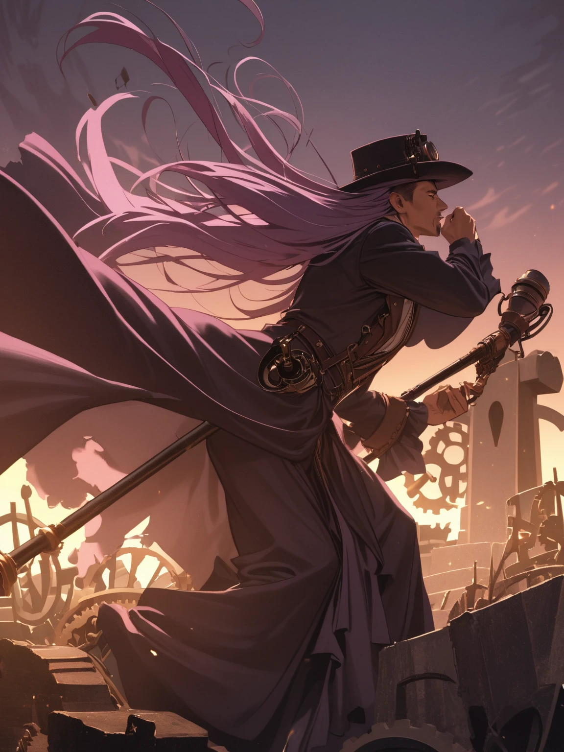 Two men fighting, white man, cowboy, steampunk, gears, cogs, falling ...