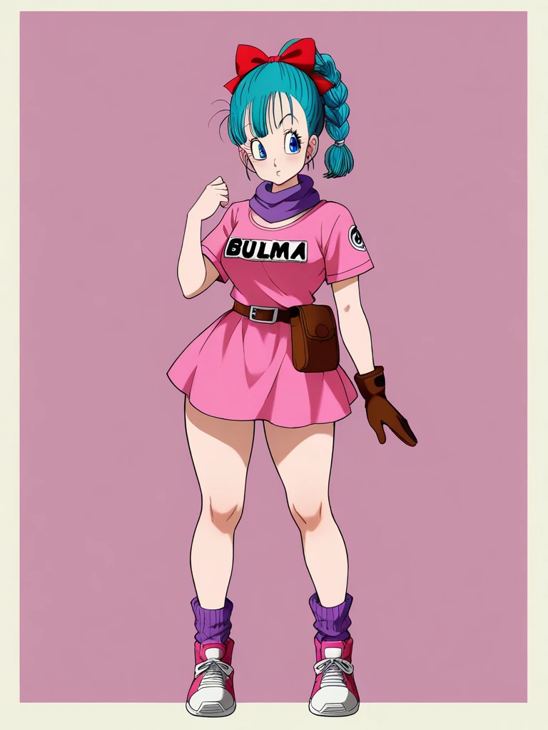 BULMA, blue eyes, blue hair, fair skin, hair tied in a ponytail with a ...