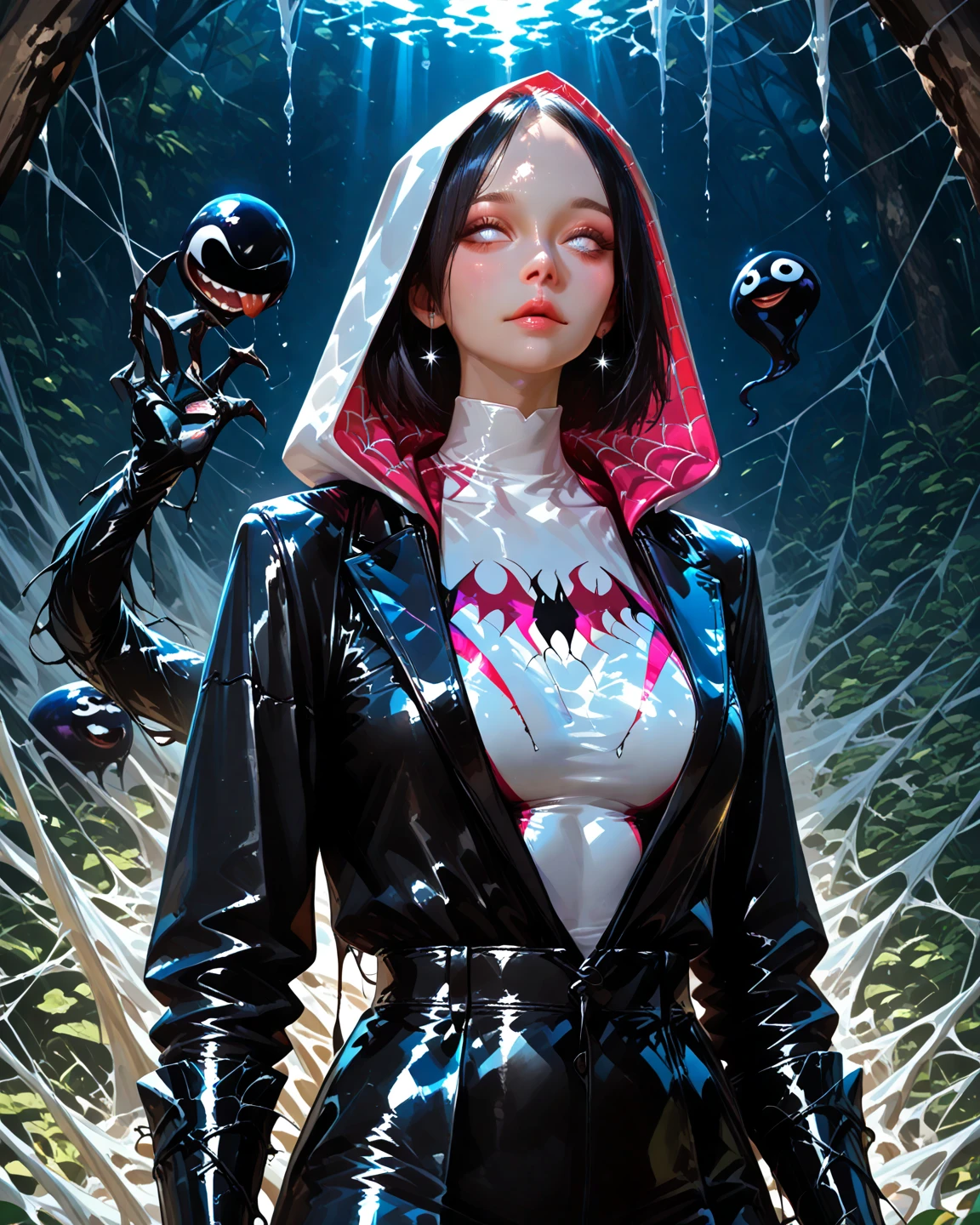 Spider Gwen in a black suit with spider in the center of her chest in ...