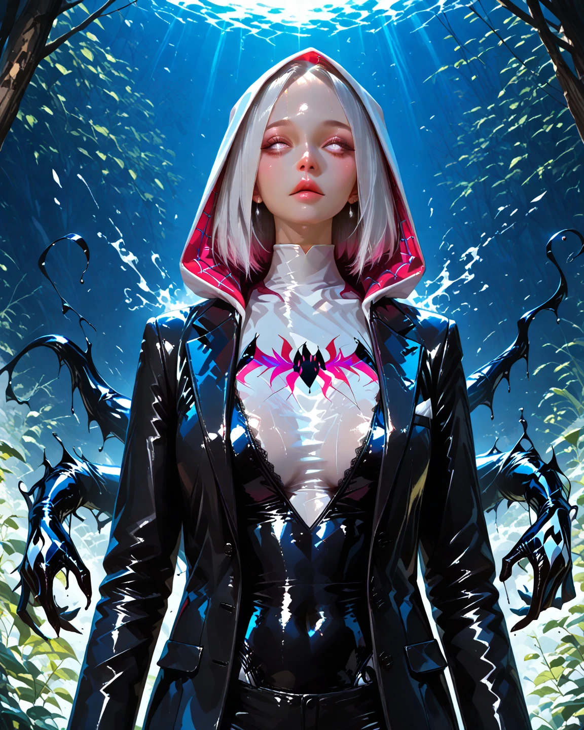 Spider Gwen in a black suit with spider in the center of her chest in ...