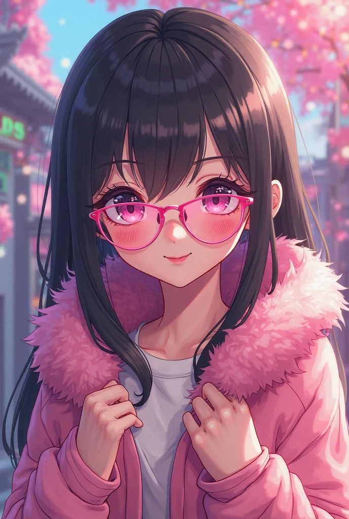 Create a female anime character, pele escura, wearing pink heart ...