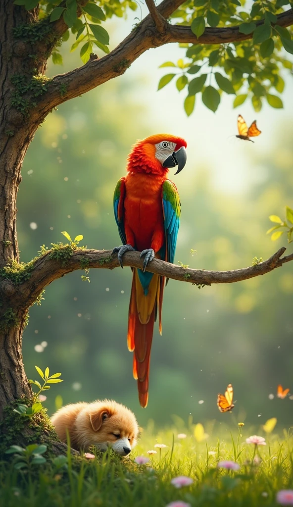 Setting: Sunny garden, green tree center focus. Action: A colorful ...