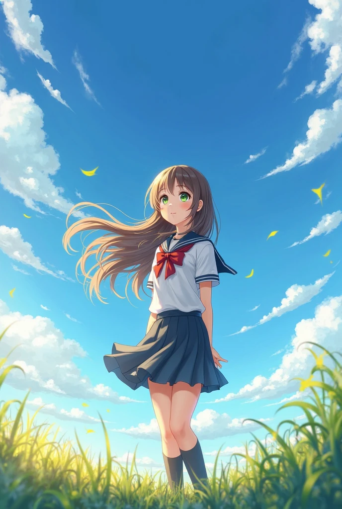 1girl, school uniform, hair swaying in the wind, blue sky and white ...