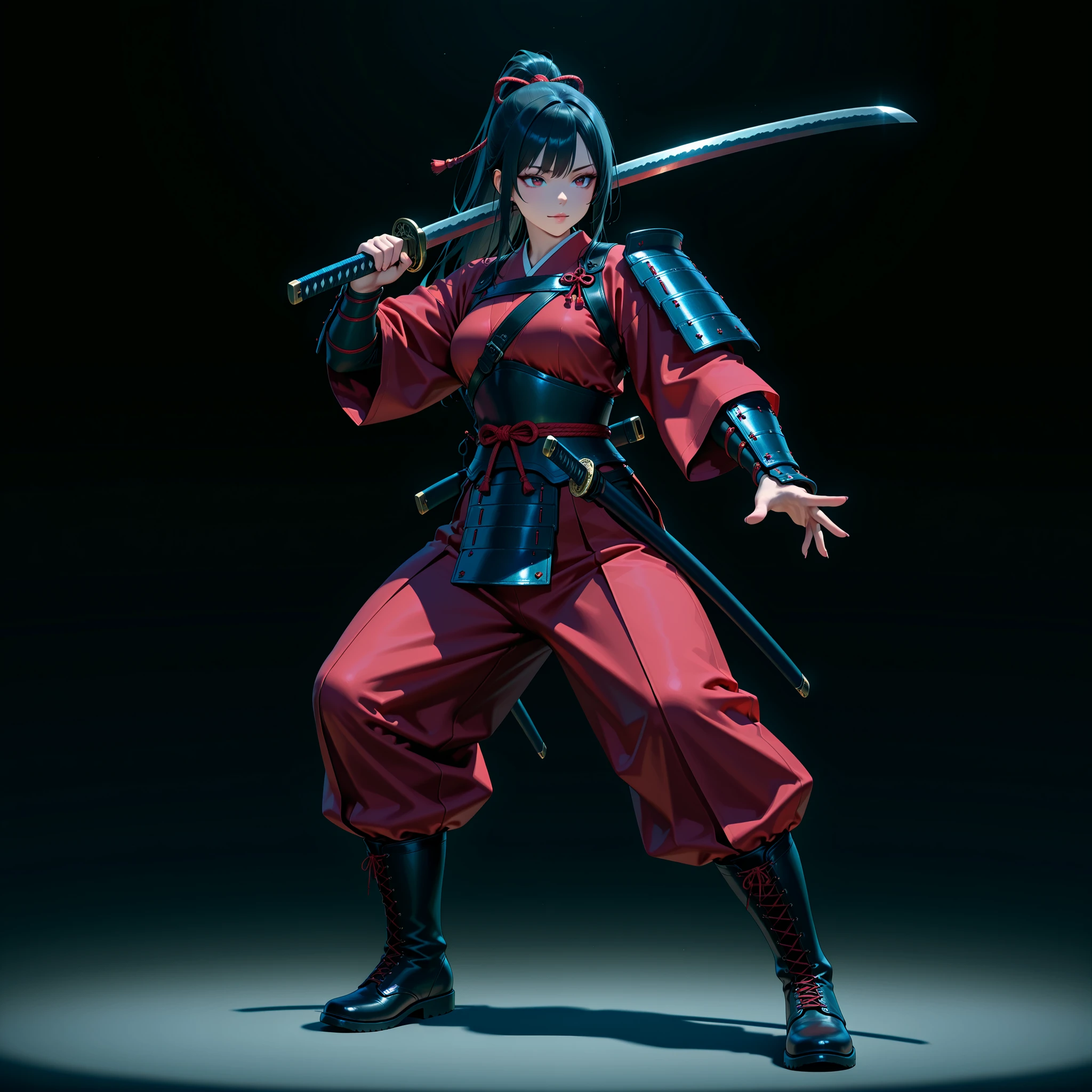 Japanese women ,samurai, evil look,,combat stance, wielding a sword ...