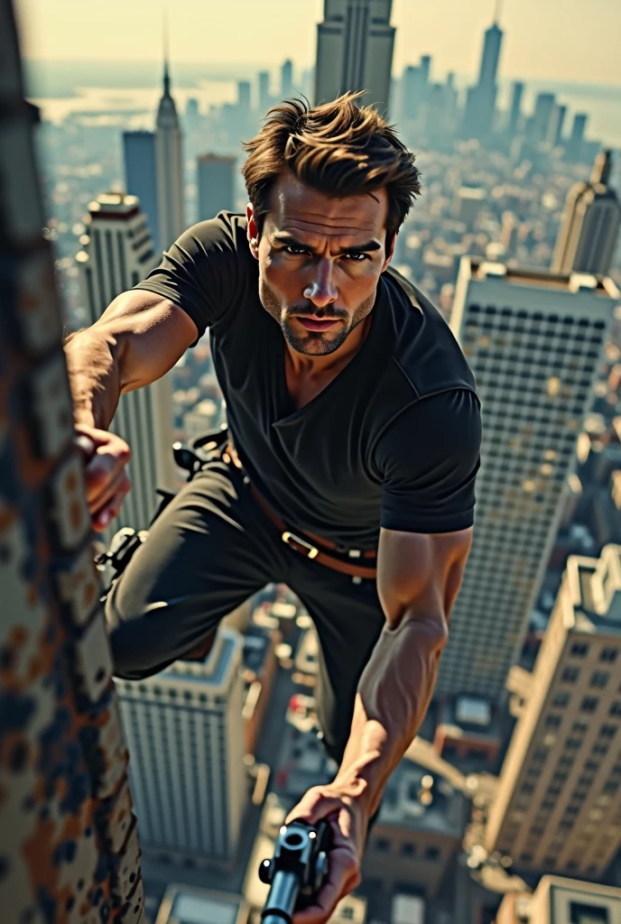 Tom Cruise holds a gun while hanging from a building、looking at camera ...